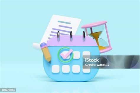 모래시계 체크 표시 아이콘 표시된 날짜 체크리스트 파란색 배경에 분리된 연필이 있는 3d 달력 약속 일정 비즈니스 개념 3d 렌더링 일러스트레이션 클리핑 경로 3차원 형태에