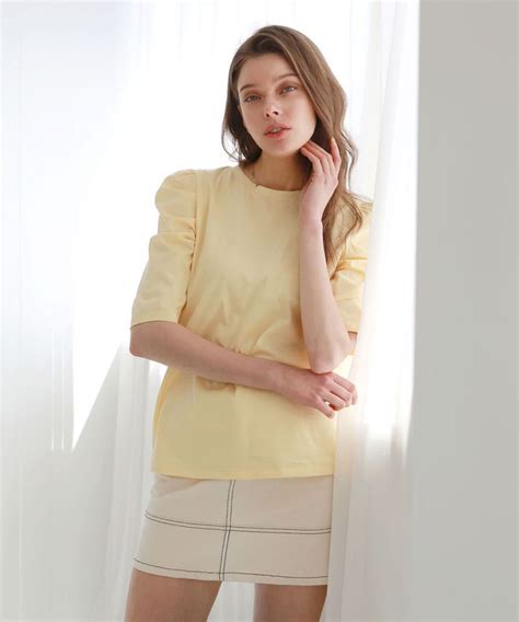 포스티 벌룬 퍼프 소매 반팔 라운드넥 면 코튼 여름티 티셔츠 옐로우 Yellow