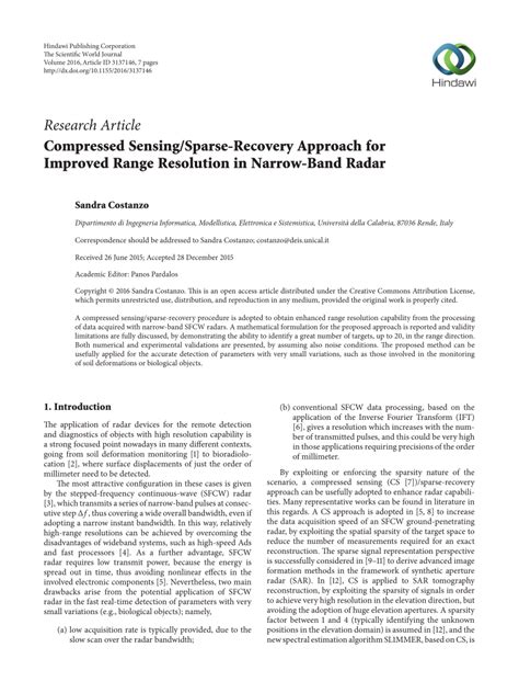Pdf Compressed Sensingsparse Recovery Approach For Improved Range Resolution In Narrow Band Radar