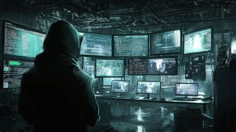 Mysterious Figure In A Dark Room Full Of Glowing Screens The