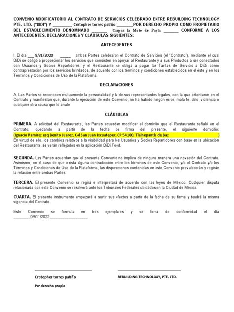 Convenio Modificatorio Cambio De Domicilio Del Restaurante Pdf Justicia Crimen Y Violencia