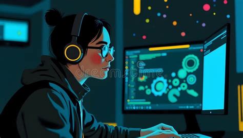 A Concentrated Coder With Headphones Engrossed In Her Programming Work