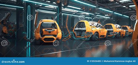 Automated Robotics Futuristic Electric Cars Factory Production Line Generative Ai Stock