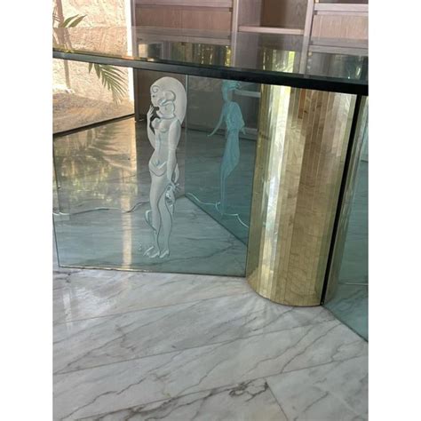 1970s Art Deco Revival Illuminated Scenic Etched Glass Dining Table