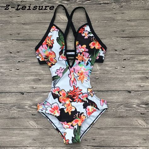 Bandage Cut Out Beach Wear Bathing Suit Sexy One Piece Swimsuit Women Swimwear Print