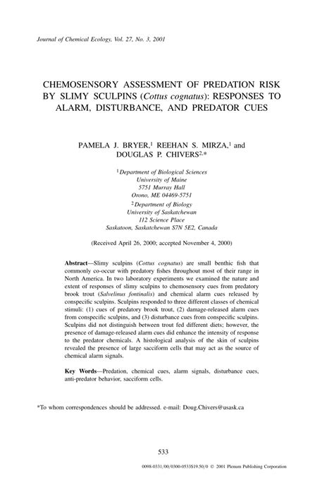 Pdf Chemosensory Assessment Of Predation Risk By Slimy Sculpins