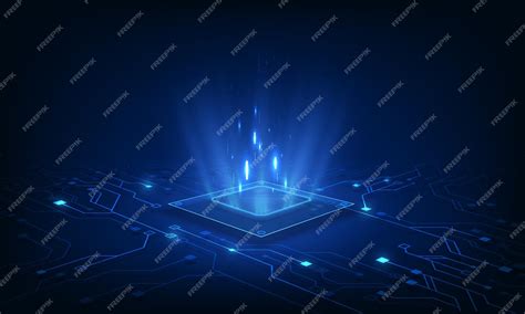 추상 기술 칩 프로세서 배경 회로 기판 및 Html Code3d 그림 파란색 기술 배경 벡터 프리미엄 벡터