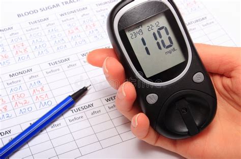 Hand Of Woman With Glucometer And Medical Form Stock Photo Image Of Form Paper