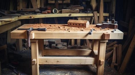Premium Ai Image Top View Of Wooden Workbench