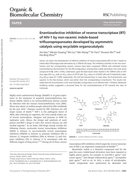 Pdf Enantioselective Inhibition Of Reverse Transcriptase Rt Of Hiv 1 By Non Racemic Indole