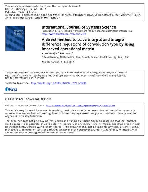 PDF A Direct Method To Solve Integral And Integro Differential Equations Of Convolution Type