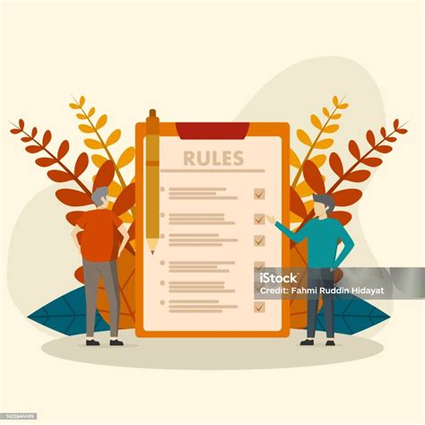 사람들은 회사의 규칙 목록을 연구하고 지침을 읽고 체크리스트를 만듭니다 회사 규제 제한 법률 규제 개념에 대한 벡터 일러스트 레이 션 검사 보기에 대한 스톡 벡터 아트 및