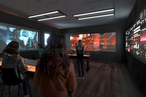 Futuristic Office Space Design Interactive Displays Showcase Data Analysis And Collaboration