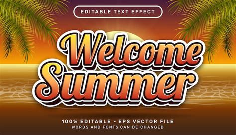 환영 여름 복고풍 색상 3d 편집 가능한 텍스트 효과 및 바다 풍경 배경에서 일몰 프리미엄 벡터