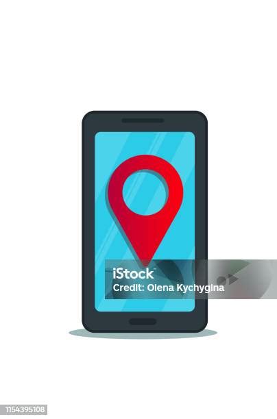 위치 핀 아이콘이 흰색 배경에 고립 된 플랫 스마트 폰 Gps 네비게이션 목적지 포인트와 현대 휴대 전화 배너 포스터 전단지