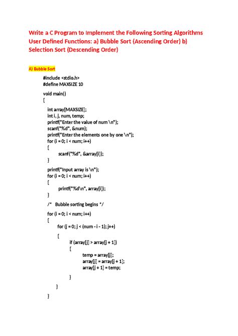 Bubble Sort And Selection Sort Write A C Program To Implement The
