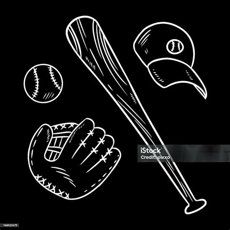 야구 야구 방망이 모자와 캐치 글러브 칠판 낙서 손으로 그린 이미지 세트 라인아트에 대한 스톡 벡터 아트 및 기타 이미지 라인아트 야구 방망이 소프트볼 공 Istock