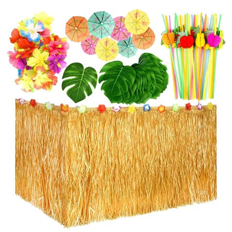 HOMEMAXS 1 Set Grass Table Skirt Hawaiian Party Paper Flowers Pineapple Tropical Leaves