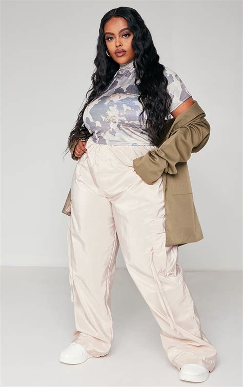 Plus Charcoal Camo High Neck Cap Sleeve T Shirt Plus Size Plt