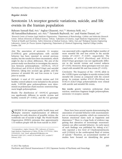 Pdf Serotonin 1a Receptor Genetic Variations Suicide And Life Events In The Iranian Population