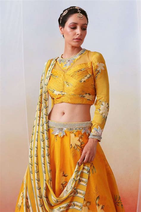 Buy Isha Gupta Tayal Yellow Organza Floral Print Lehenga Set Online