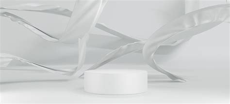추상 금속 흰색 천 비행 흰색 배경에 공중 제비 모형 제품 배치 및 화장품 아름다움에 대한 실린더 프리미엄 연단 받침대 럭셔리 쇼 마케팅 현재 단계 3d 렌더링 연단에 대한