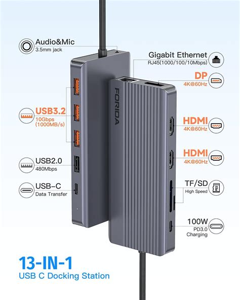 Estación De Acoplamiento Usb C 3 Monitores 13 En 1 Usb C Muliport Hub Con 2 Hdmi 4k 60hz Y 1