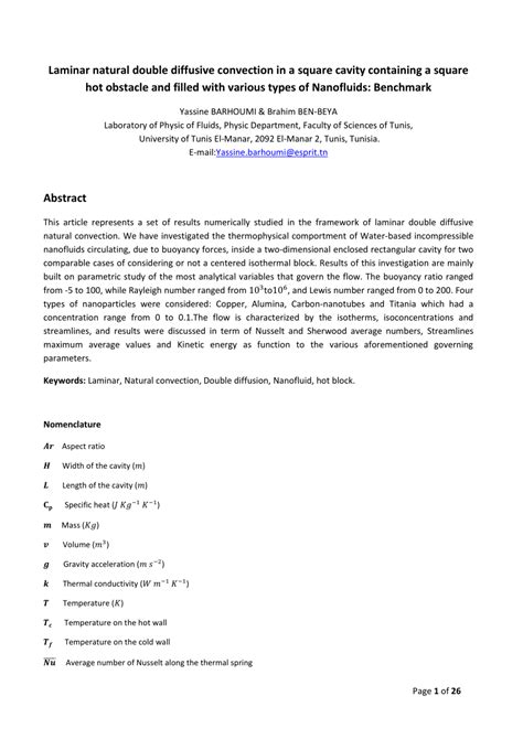 Pdf Laminar Natural Double Diffusive Convection In A Square Cavity Containing A Square Hot