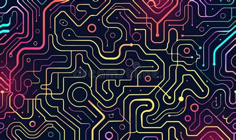 Abstract Neon Circuit Board Pattern With Colorful Lines And Circles Digital Art Background Stock