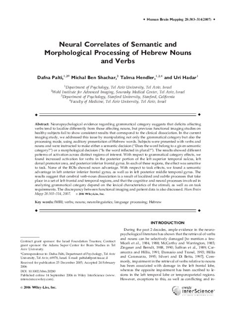 Pdf Neural Correlates Of Semantic And Morphological Processing Of Hebrew Nouns And Verbs