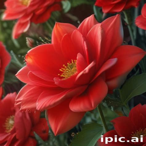 Vibrant Red Flower Blossoming Amidst Lush Greenery In Bright Sunlight