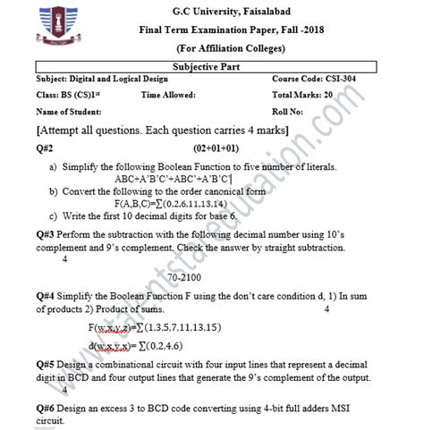 BSCS Gcuf Past Paper For Affiliated Colleges BSCS Past Paper GCUF