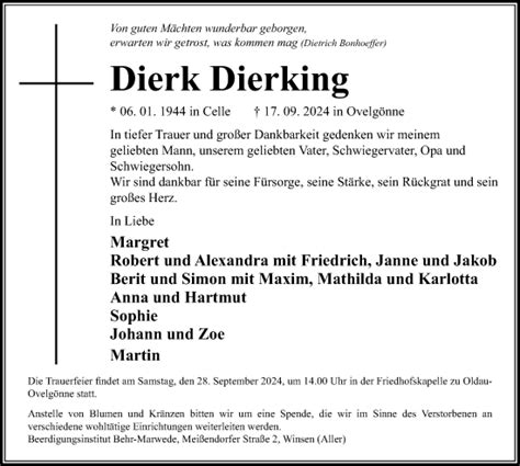 Traueranzeigen Von Dierk Dierking Trauerportal Der Celleschen Zeitung
