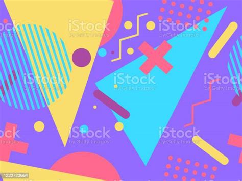 80 년대 스타일의 기하학적 모양과 원활한 패턴 팔십은 홍보 제품 포장지 및 인쇄를위한 다채로운 배경을 인쇄합니다 벡터 일러스트레이션 1970 1979 년에 대한 스톡 벡터