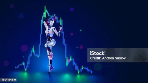 로봇 상인 주식 시장에서 자동화 거래를 위한 Ai 인공 지능은 증권 거래소에서 거래 전략을 개발합니다 이미지 로봇이나 사이보그 여자가 금융 차트를 분석하는 신경망 3차원