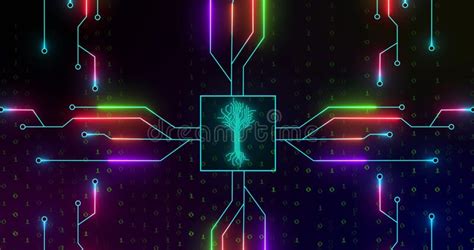 Composition Of Digital Tree And Light Trails Over Binary Coding On Black Background Stock