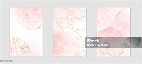 황금선 점 얼룩이 있는 추상먼지 분홍색 액체 수채화 배경 파스텔 대리석 알코올 잉크 그리기 효과 결혼 초대를 위한 벡터 일러스트 디자인 템플릿 0명에 대한 스톡 벡터 아트