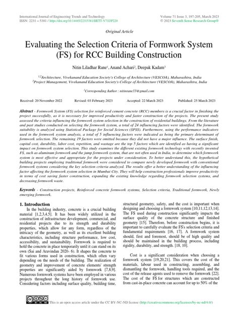 Evaluating The Selection Criteria Of Formwork System Fs For Rcc