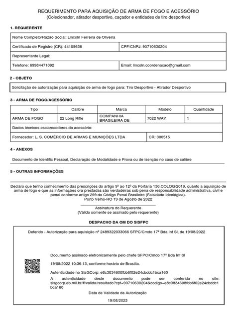 Requerimento De Arma Para Tiro Desportivo Pdf Armas De Fogo