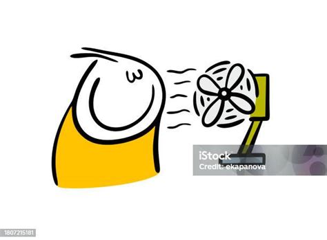 재밌는 스틱맨은 시원한 공기의 흐름 아래에 얼굴을 넣었습니다 벡터 일러스트 레이 션 팬이 달리고 있고 소년은 시원함을 즐기고 있으며 머리카락은 바람에 발달하고 있습니다