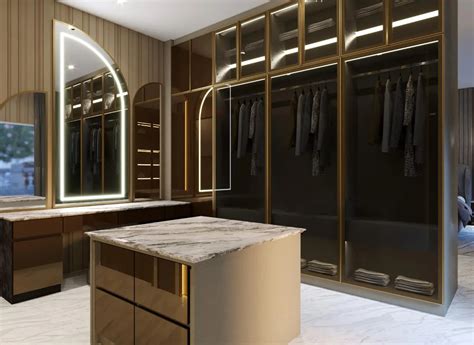 Modern Glass Wardrobe Closet With Blue Ottoman And Warm Lighting Fabdiz