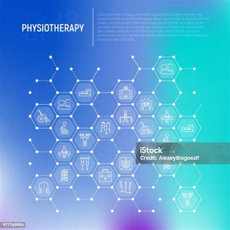 얇은 선 아이콘으로 넓어짐에 물리 치료 개념 재활 물리 요법가 침술 마사지 보행기 척추 X 선 외상입니다 벡터 일러스트 레이 션 웹 페이지 서식 파일 X 레이에 대한 스톡
