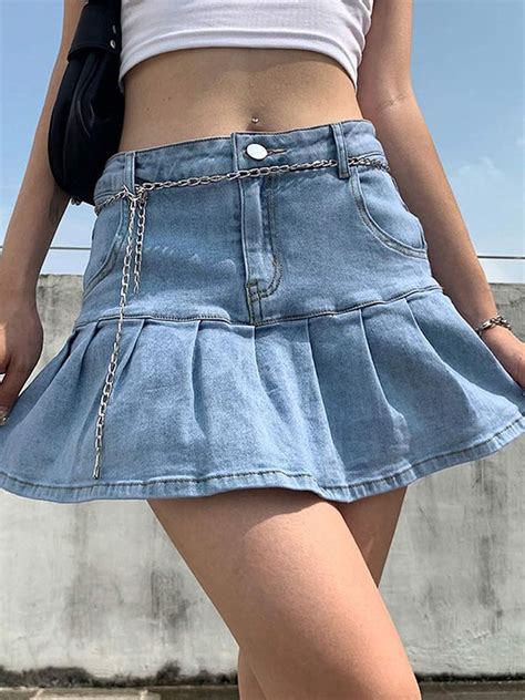 Denim Mini Skirt High Waisted Denim Mini Skirt Summer Pleated Skirt