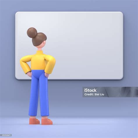 손을 가진 아시아 여자 안젤라의 3d 그림 허리에 서서 흰색 배경에 렌더링 된 빈 템플릿mockup3d 바라 보는 모습 가공의 인물에 대한 스톡 사진 및 기타 이미지