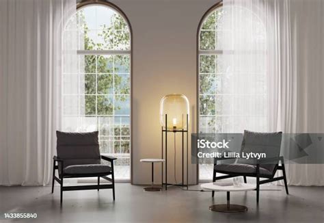 세련된 인테리어 모형 검은 의자가있는 현대적인 회색 인테리어 아치 창 및 정원 3d 렌더링 제어판에 대한 스톡 사진 및 기타 이미지 Istock