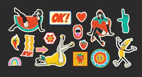 그루비 히피 사랑 스티커 세트 만화 행복한 복고풍 소녀 기하학적 스티커 트렌디한 복고풍 60년대 70년대 만화 스타일의 캐릭터 빈티지 벡터 삽화 스티커에 대한 스톡 벡터