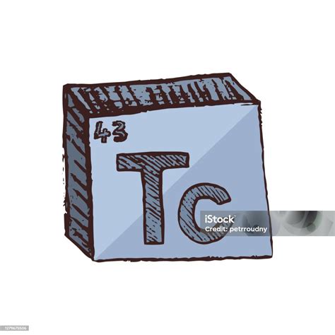 벡터 3차원 손은 흰색 배경에 격리 된 원소의 주기적인 테이블에서 약어 Tc와 방사성 금속 테크네튬의 화학 빛나는 회색 기호를