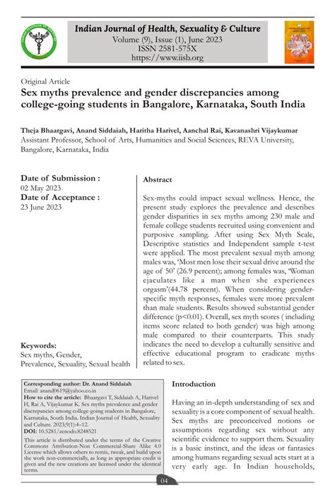 Pdf Sex Myths Prevalence And Gender Discrepancies Among College Going Students In Bangalore