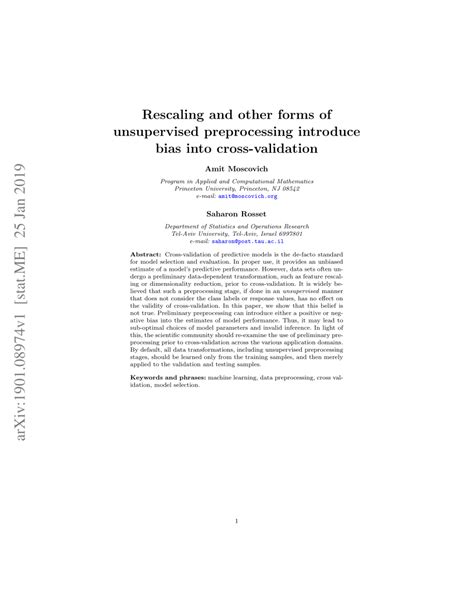 Pdf Rescaling And Other Forms Of Unsupervised Preprocessing Introduce Bias Into Cross Validation