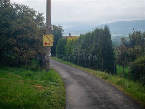 Yellow Sign On A Post By A Rural Road Surrounded By Green Vegetation